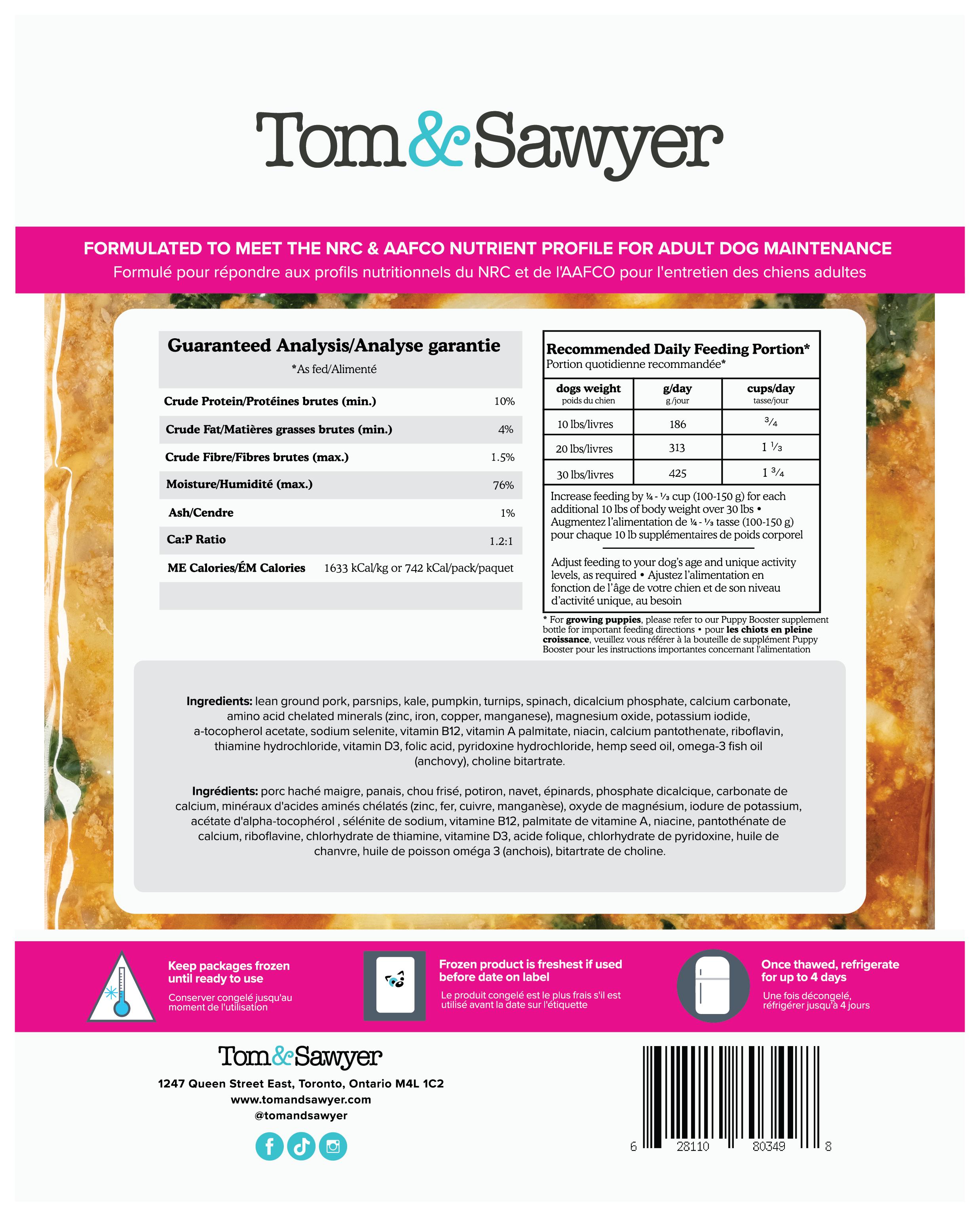 Tom&Sawyer Classic Pork Stew Frozen Dog Food, 454-gram | Oakville Abbey ...
