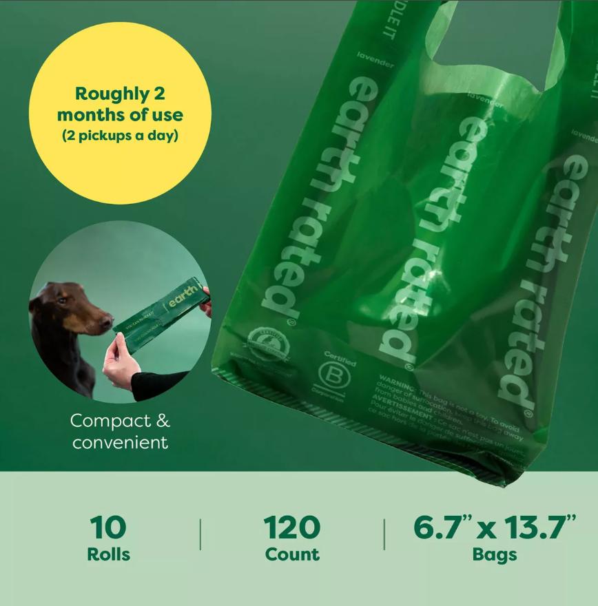 Earth Rated Lavender Handled Dog Poop Bags Refill Rolls, 120-count ...